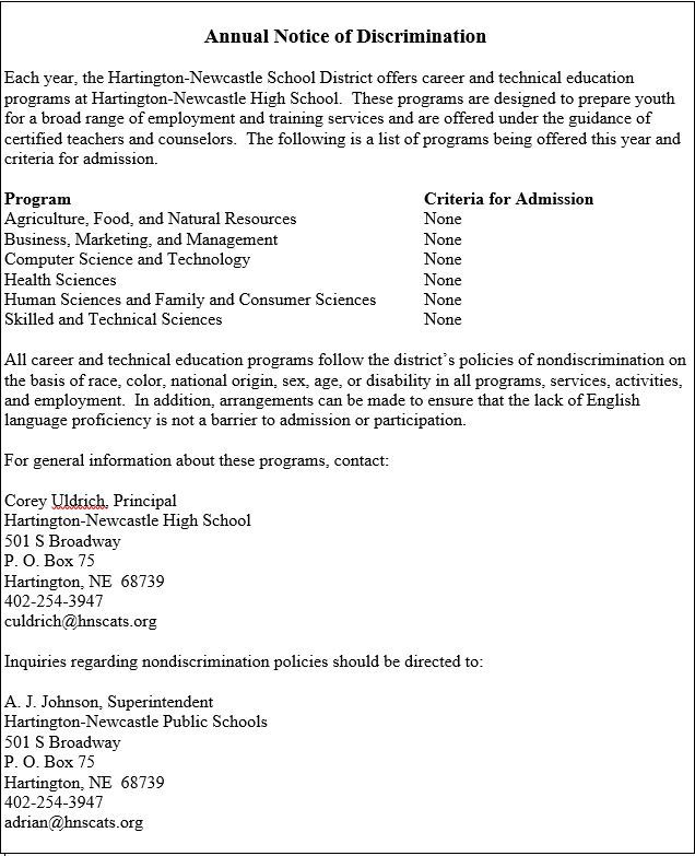 NOTICE OF NONDISCRIMINATION | HARTINGTON-NEWCASTLE PUBLIC SCHOOLS