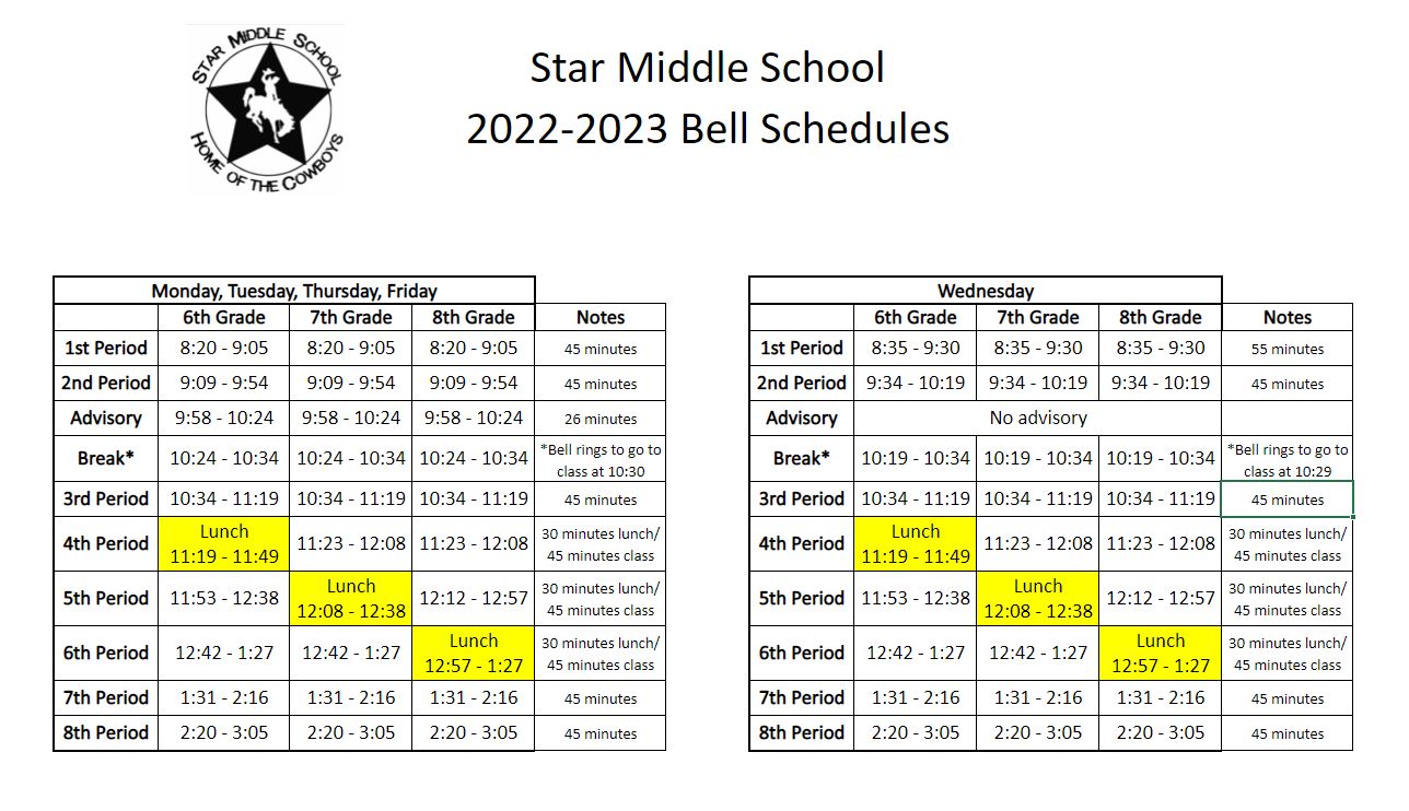 Bell Schedules Star Middle School