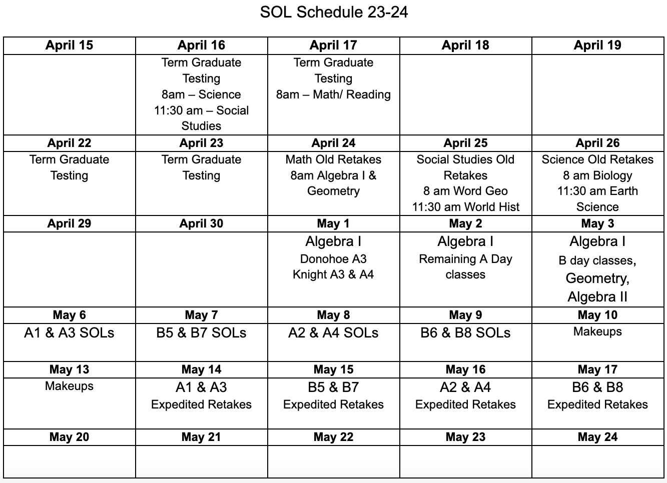 SOL Testing Schedule | Spotsylvania High School