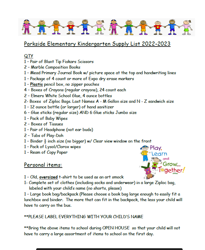 School Supply Lists | Parkside Elementary