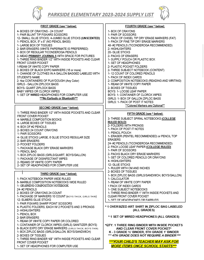 School Supply Lists Parkside Elementary school-supply-lists-parkside-elementary