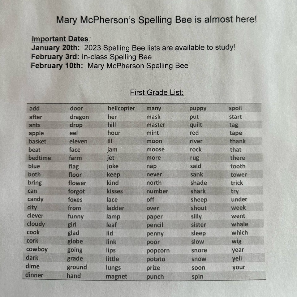 Spelling Bee Mary McPherson Elementary Spelling Bee Mary McPherson Elementary