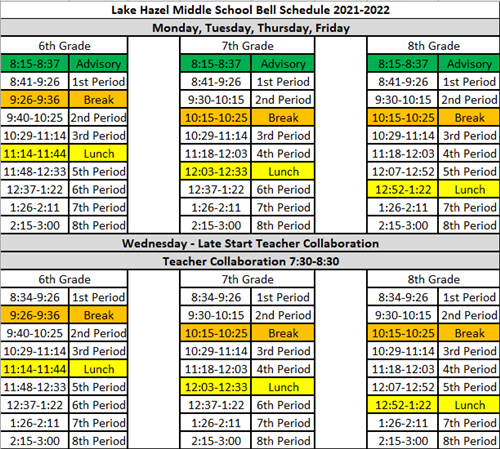Bell Schedule | Lake Hazel Middle School