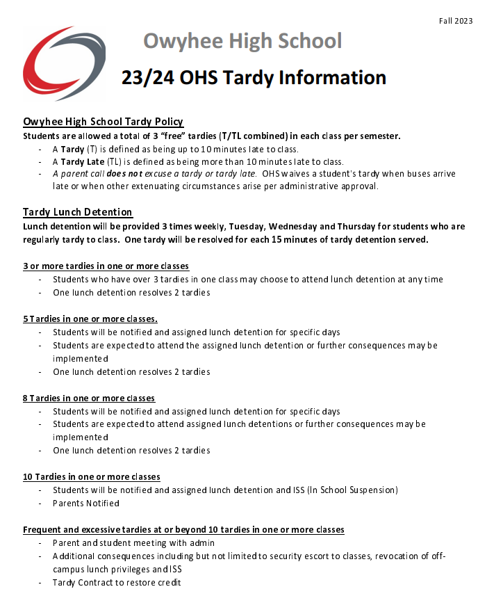 Tardy Policy Owyhee High School