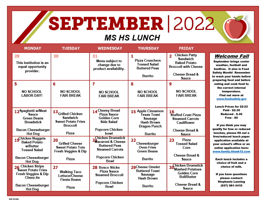 Menus | Greenfield Exempted Village School District