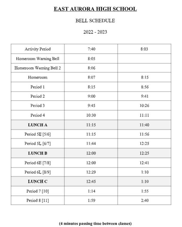 HS Bell Schedule East Aurora Union Free School District