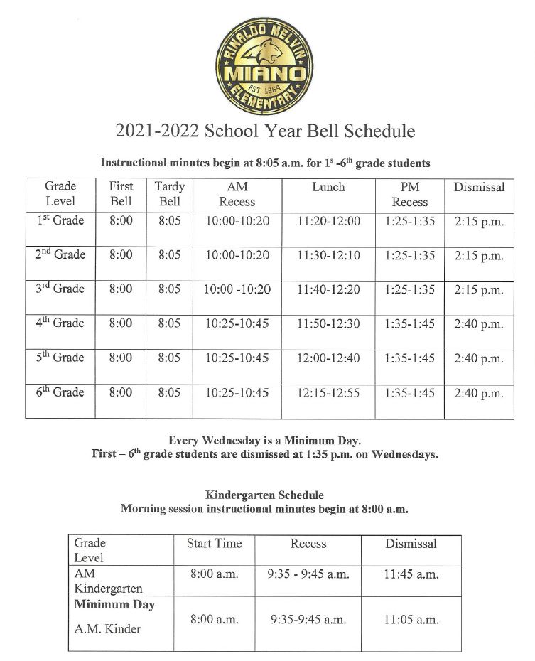 School Bell Schedules R M Miano Elementary