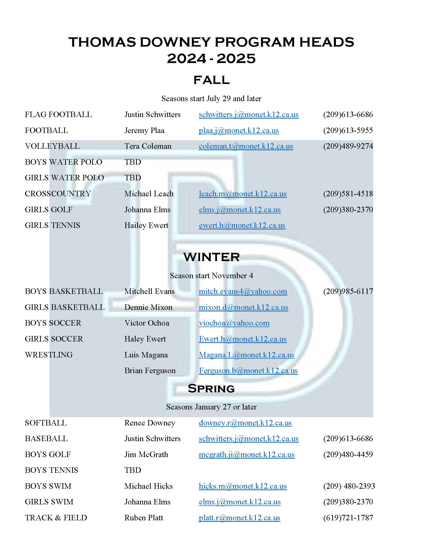 Athletic Information | Thomas Downey High School