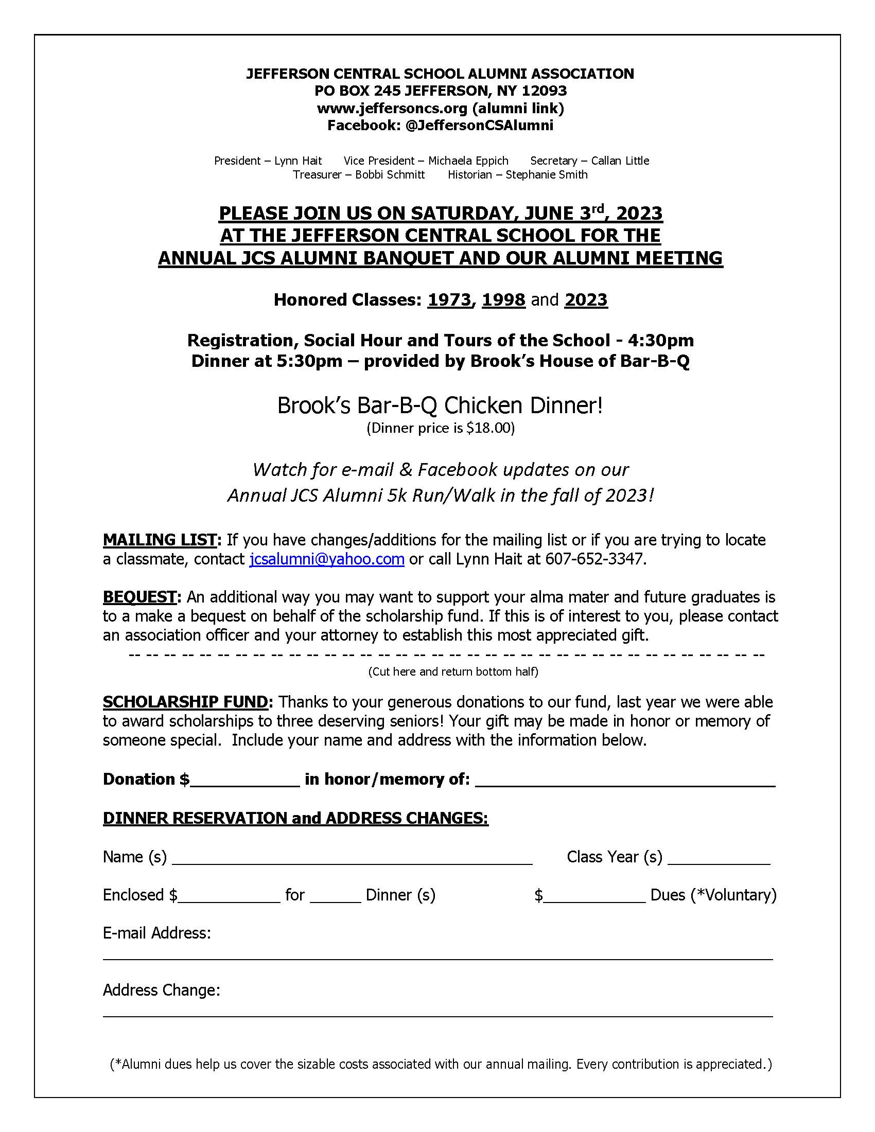 JCS Alumni Annual Meeting and Dinner Invitation | Jefferson Central School