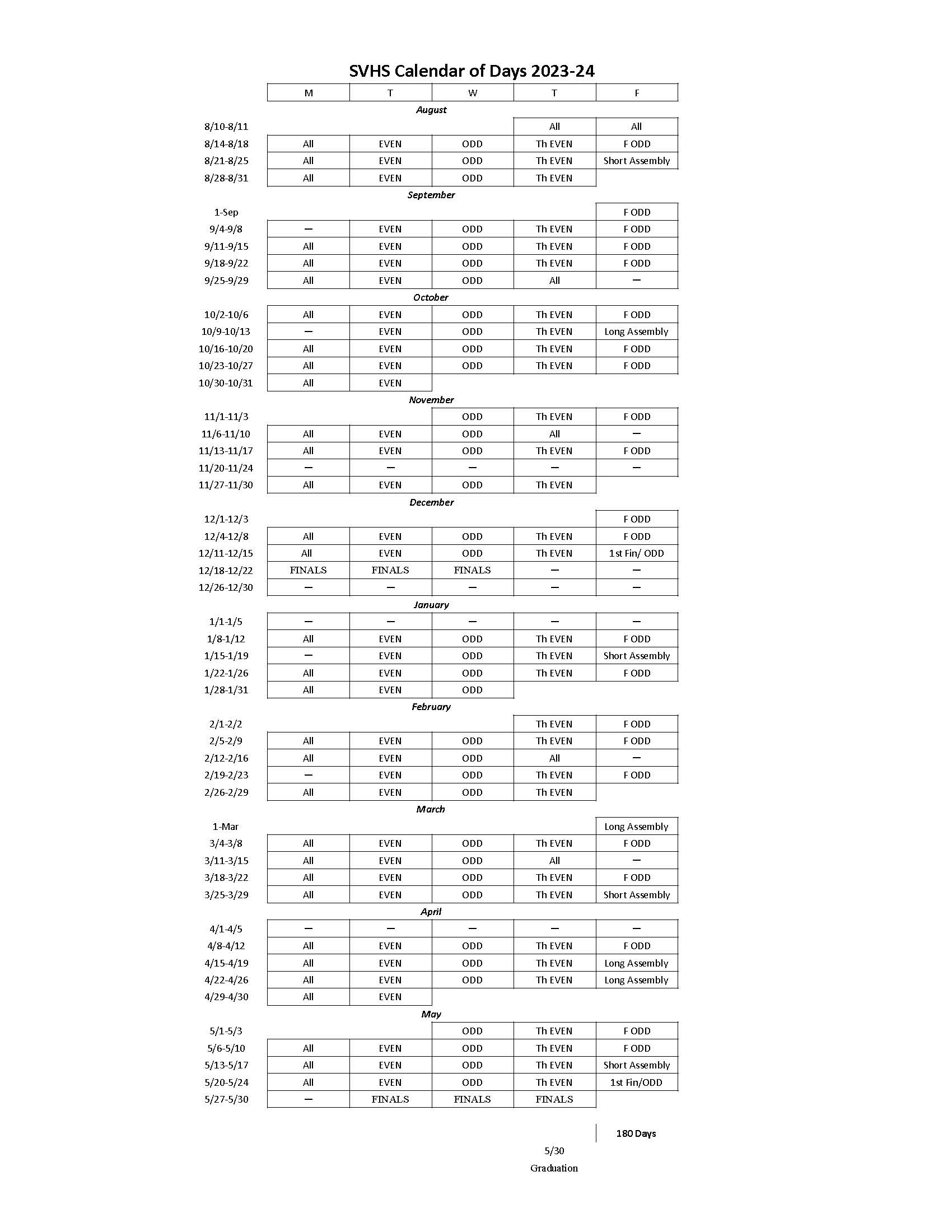 Bell Schedule & Calendar of Days | Scotts Valley High School