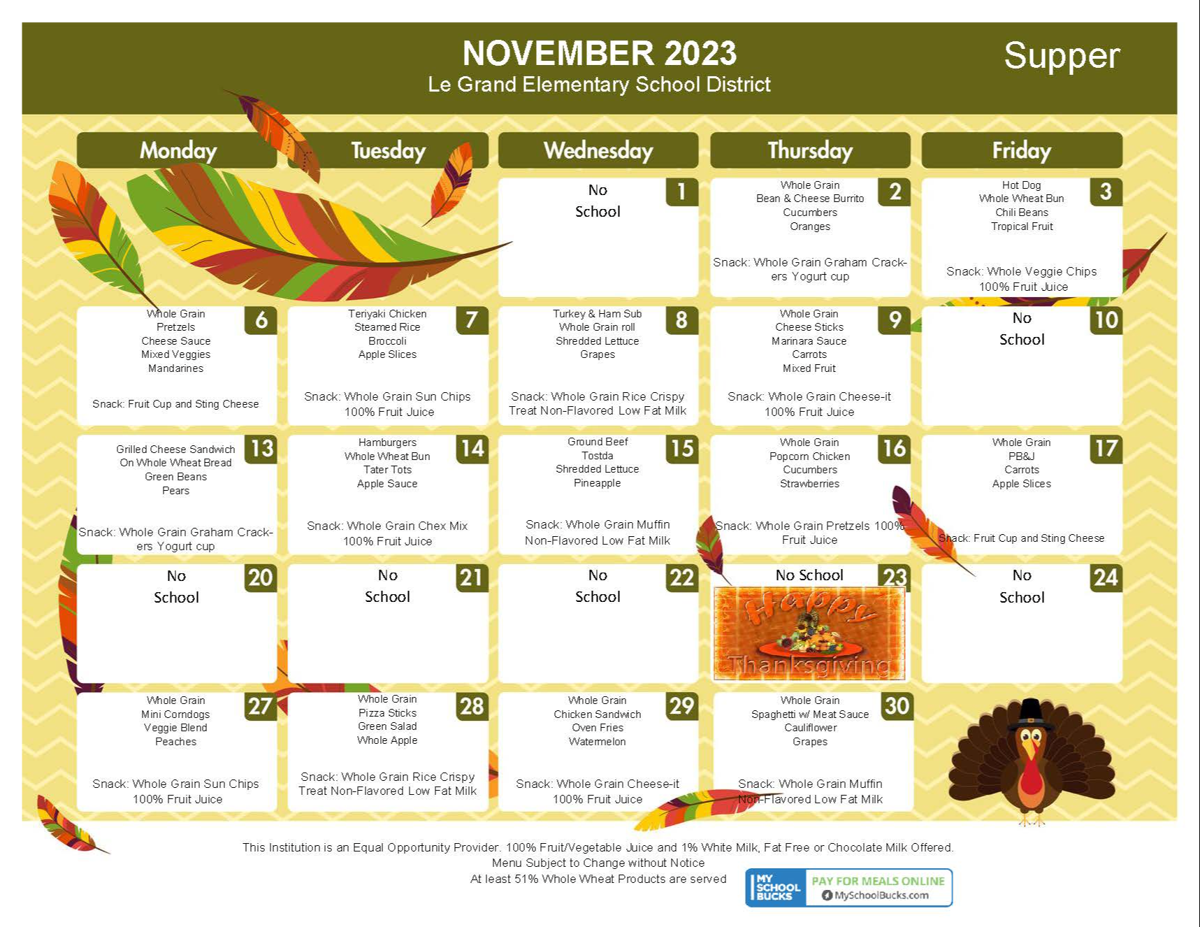 Lunch Menu's | Le Grand Union Elementary School