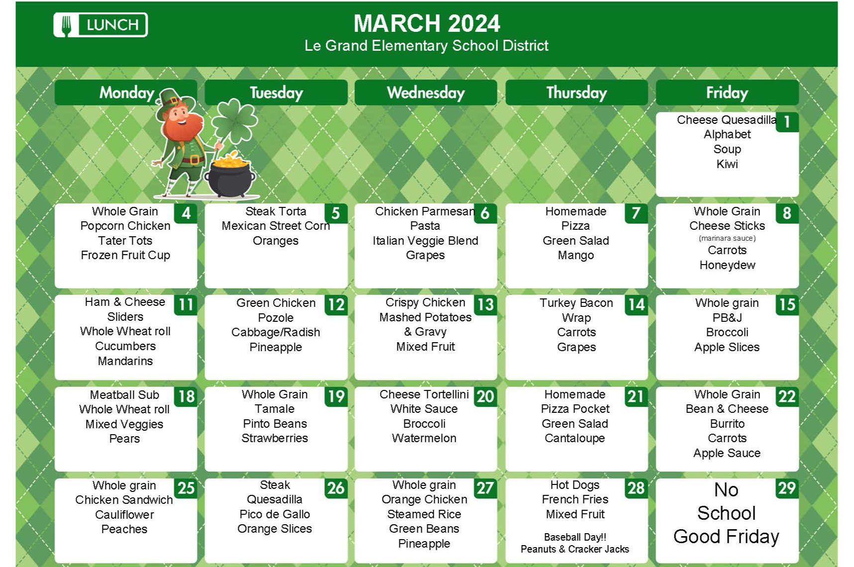 Lunch Menu's | Le Grand Union Elementary School