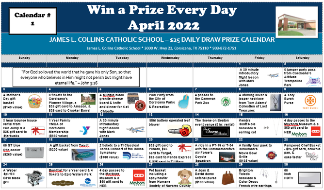 Prize Calendar | James L. Collins Catholic School