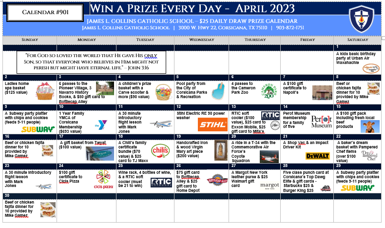 Prize Calendar | James L. Collins Catholic School