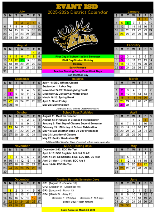 Evant ISD District Calendar | Evant Independent School District