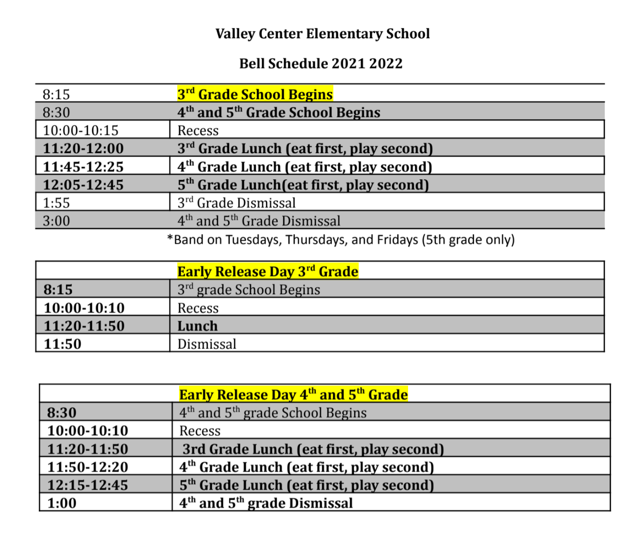 School Schedule | Valley Center
