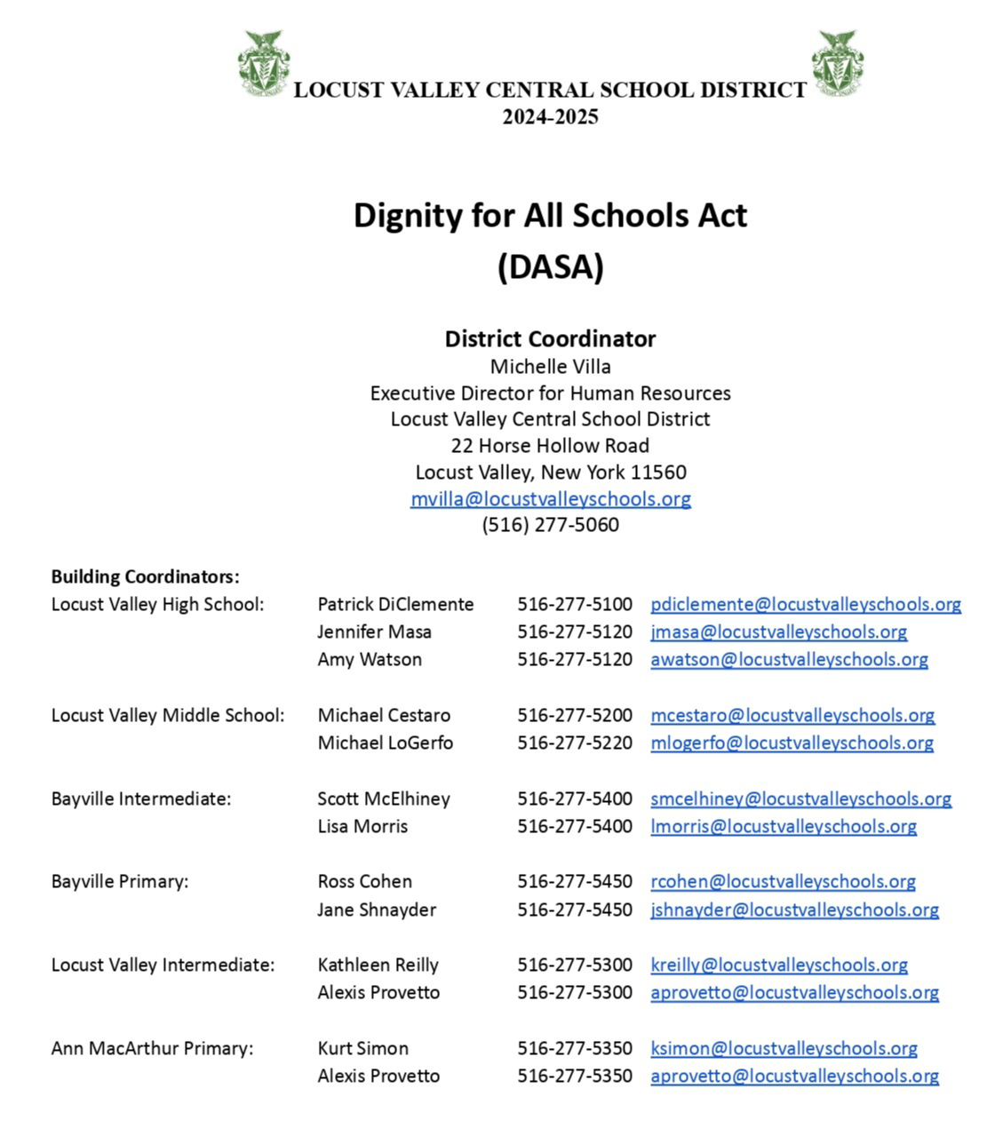 Dignity for All Students Act (DASA) | Locust Valley Central School District