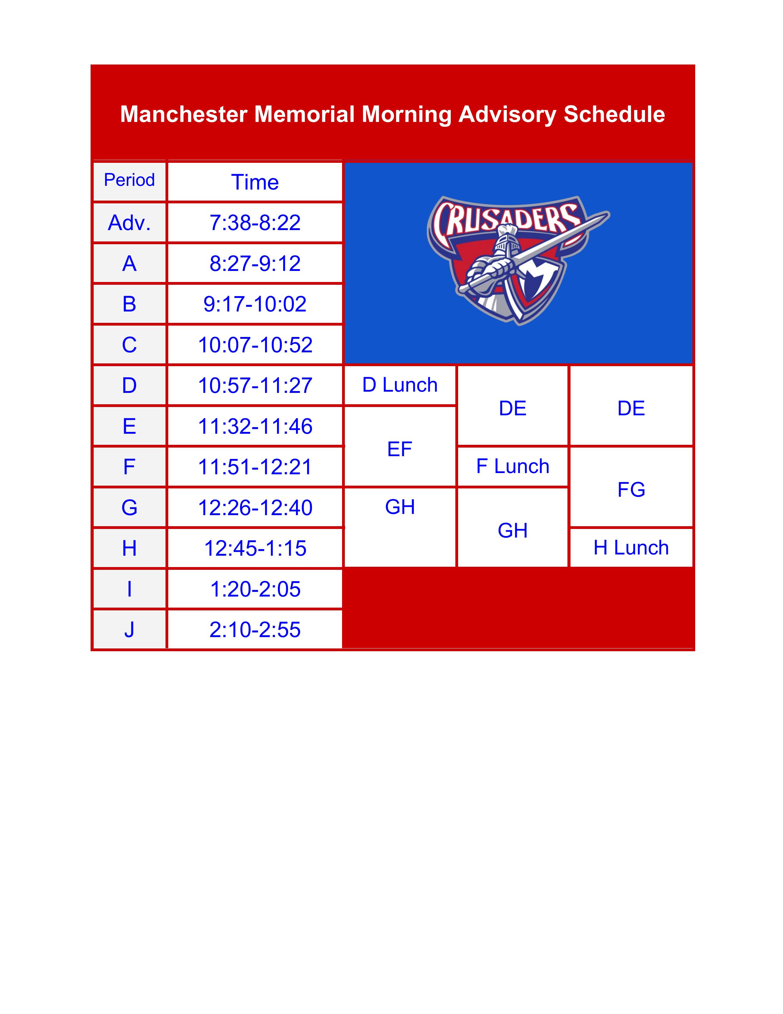 Bell Schedule | Manchester Memorial High School