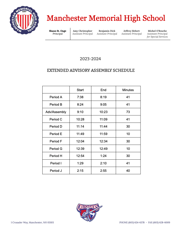 Bell Schedule | Manchester Memorial High School