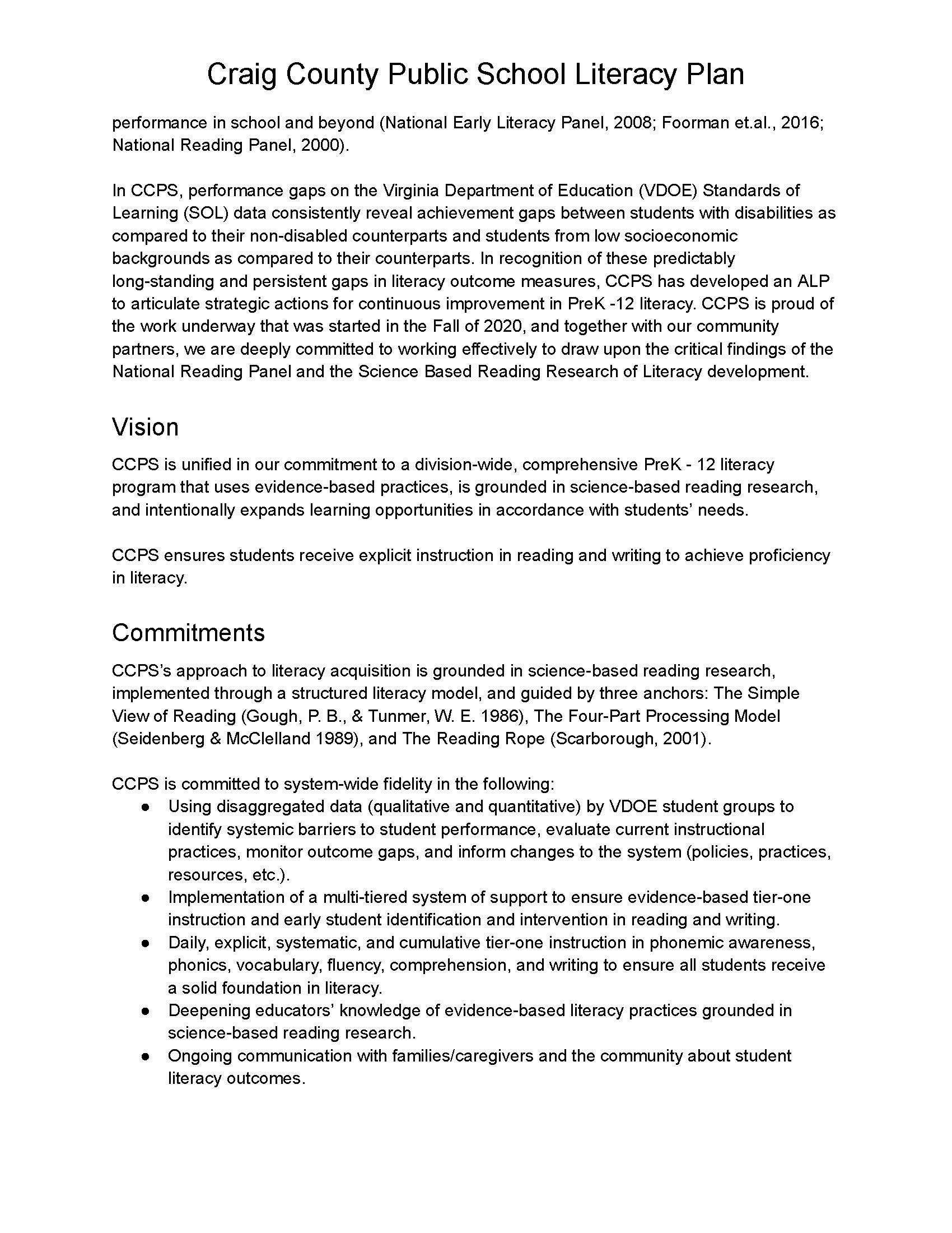 Craig County Literacy Plan | Craig County Public Schools