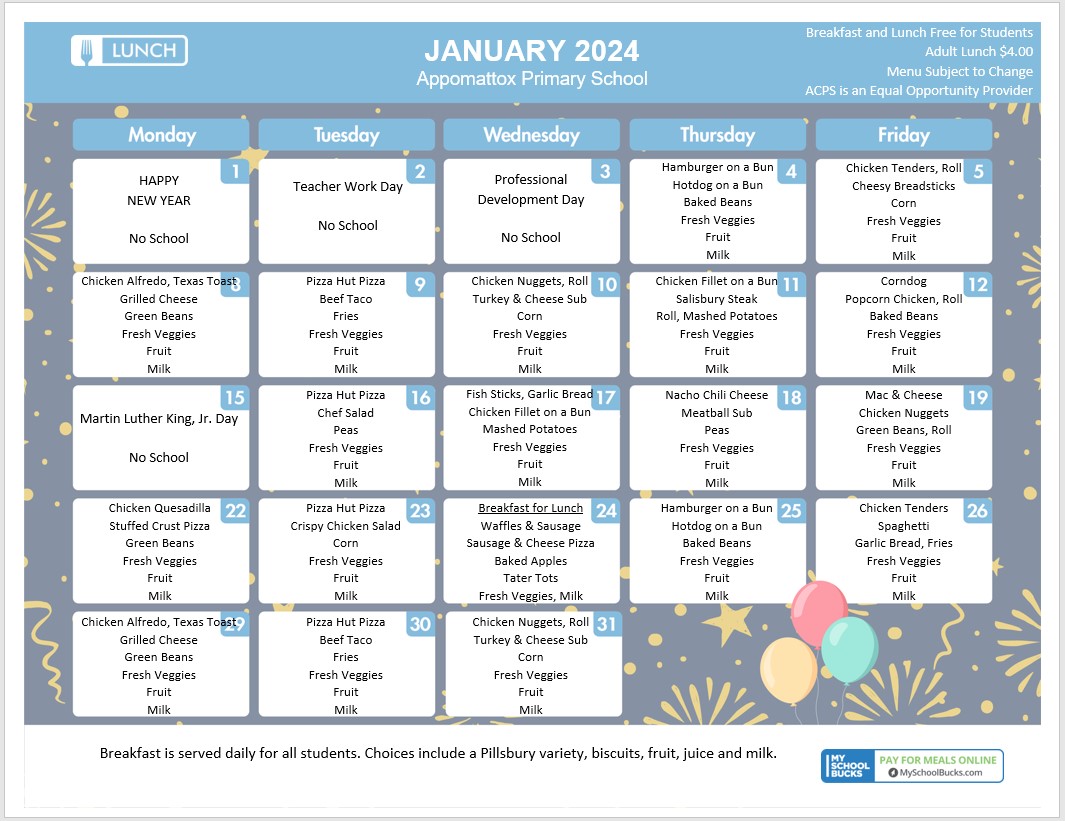 Lunch Menu | Appomattox Primary School