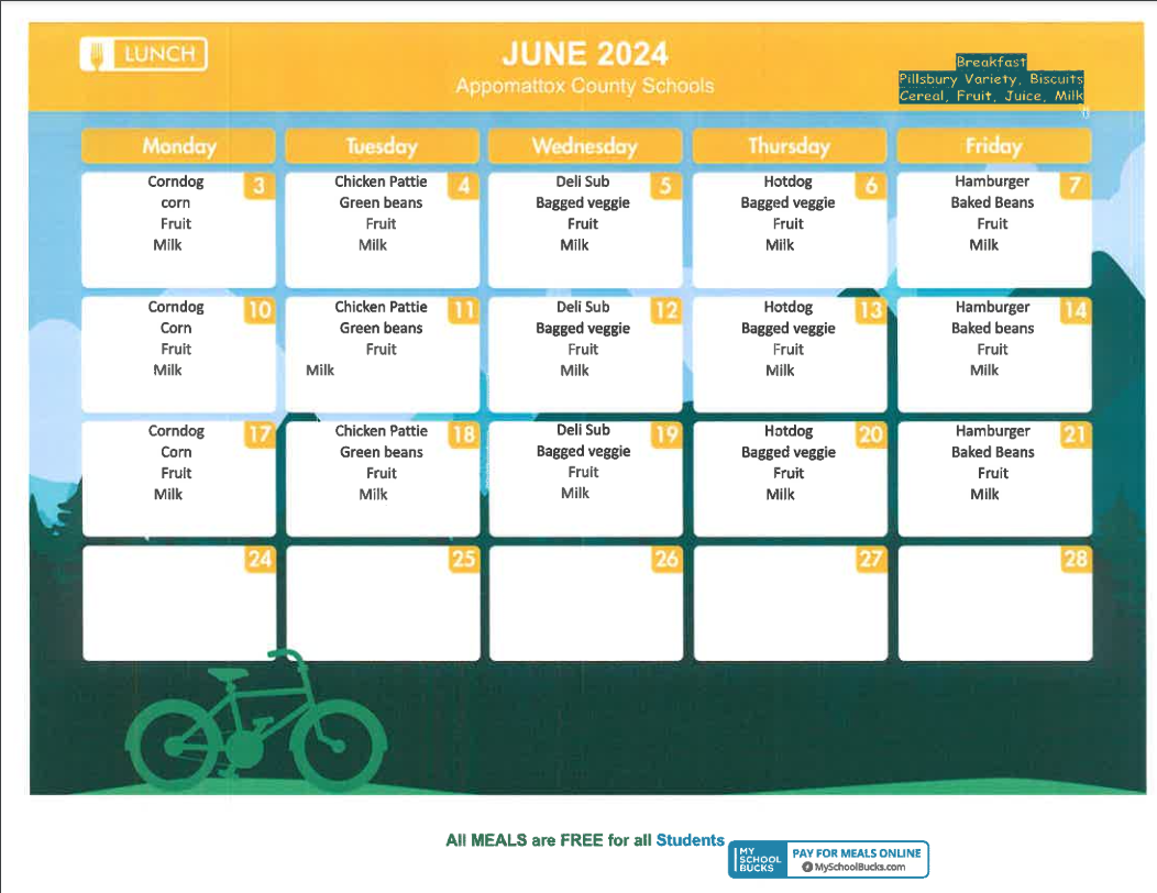 Lunch Menu | Appomattox Primary School