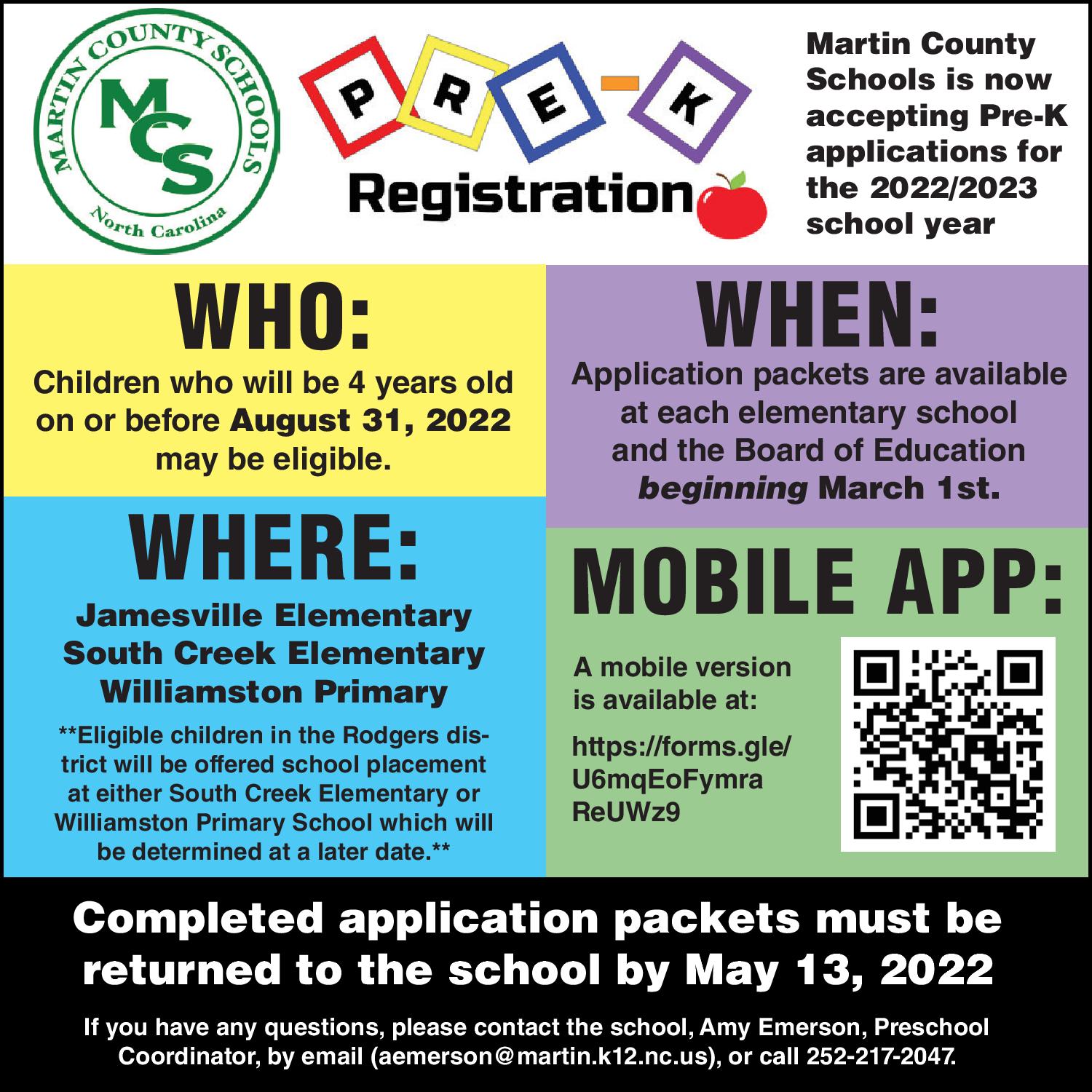 PRE K REGISTRATION 2022 Martin County Schools NC
