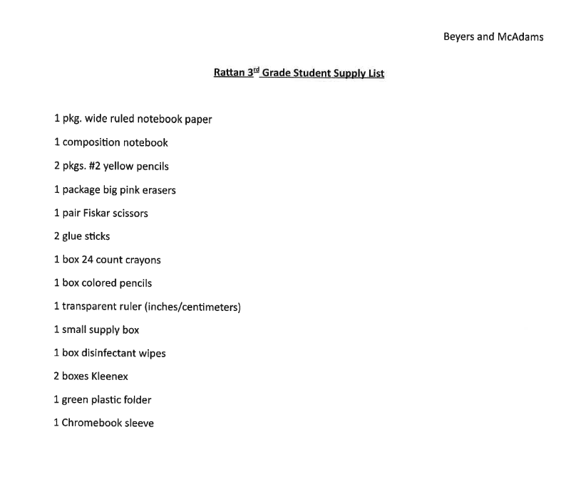 Elementary School Supply Lists 24-25 | Rattan Public School