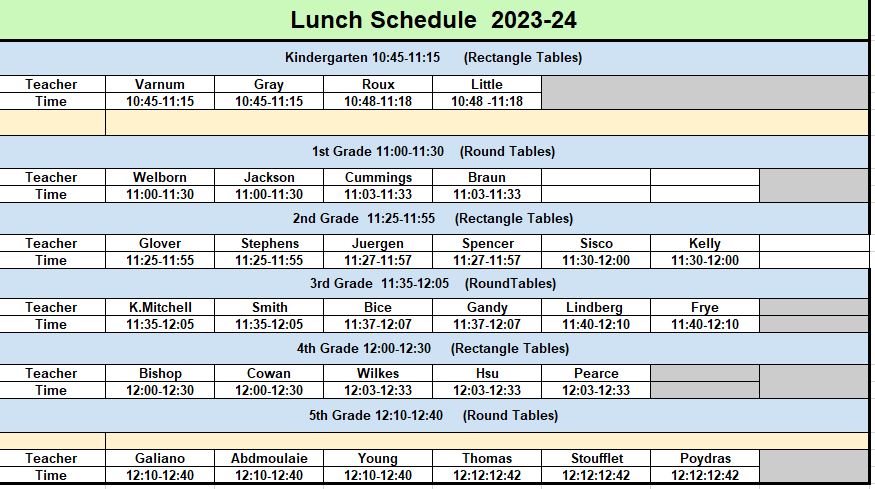 Lunch Schedule | Greentree Elementary School