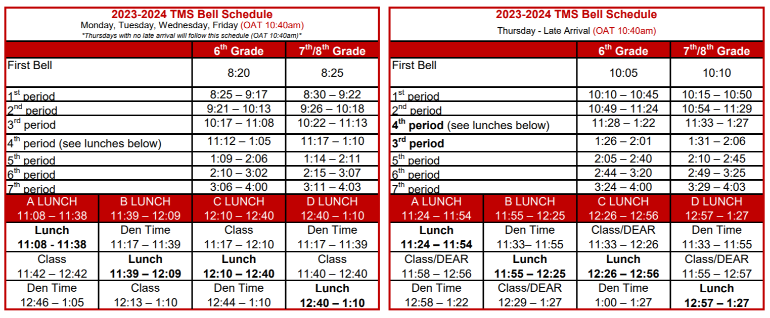 Bell Schedules | Timberwood Middle School
