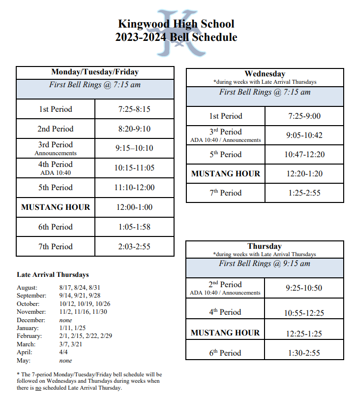 Bell Schedules Kingwood High School Bell Schedules Kingwood High School