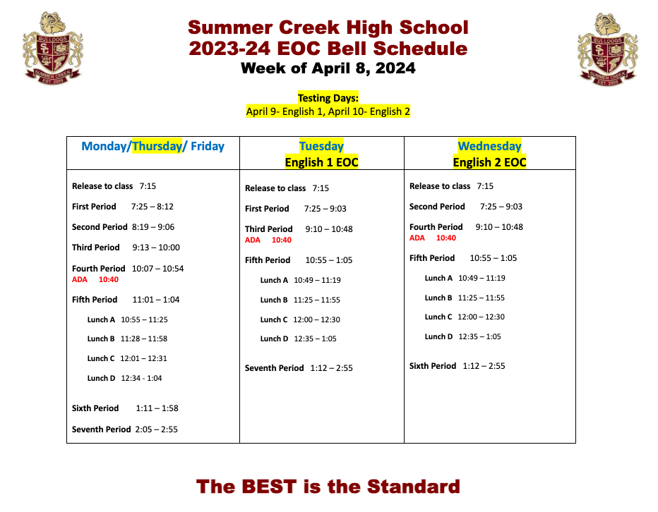 Bell Schedules | Summer Creek High School
