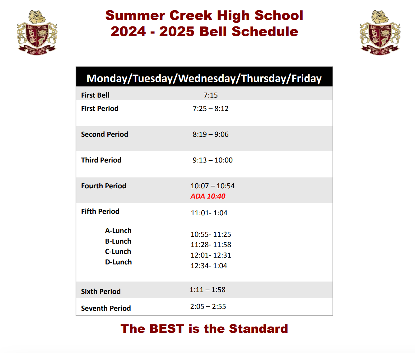 Bell Schedules | Summer Creek High School