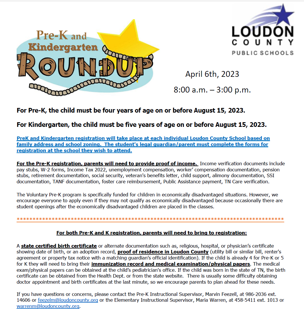 Kindergarten/PreK Registration | Loudon County Schools, TN
