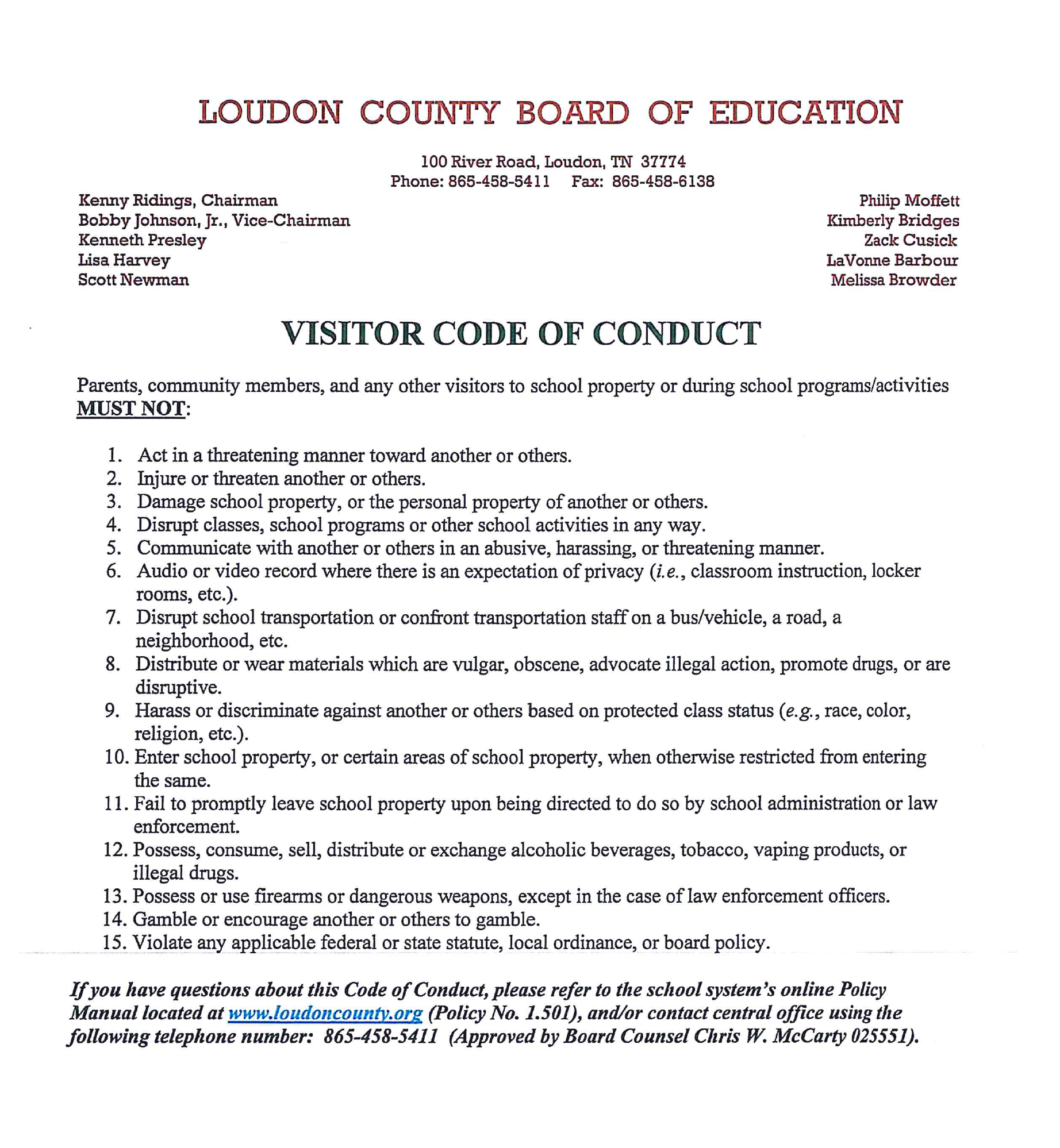School Visitor Code of Conduct | Loudon County Schools, TN