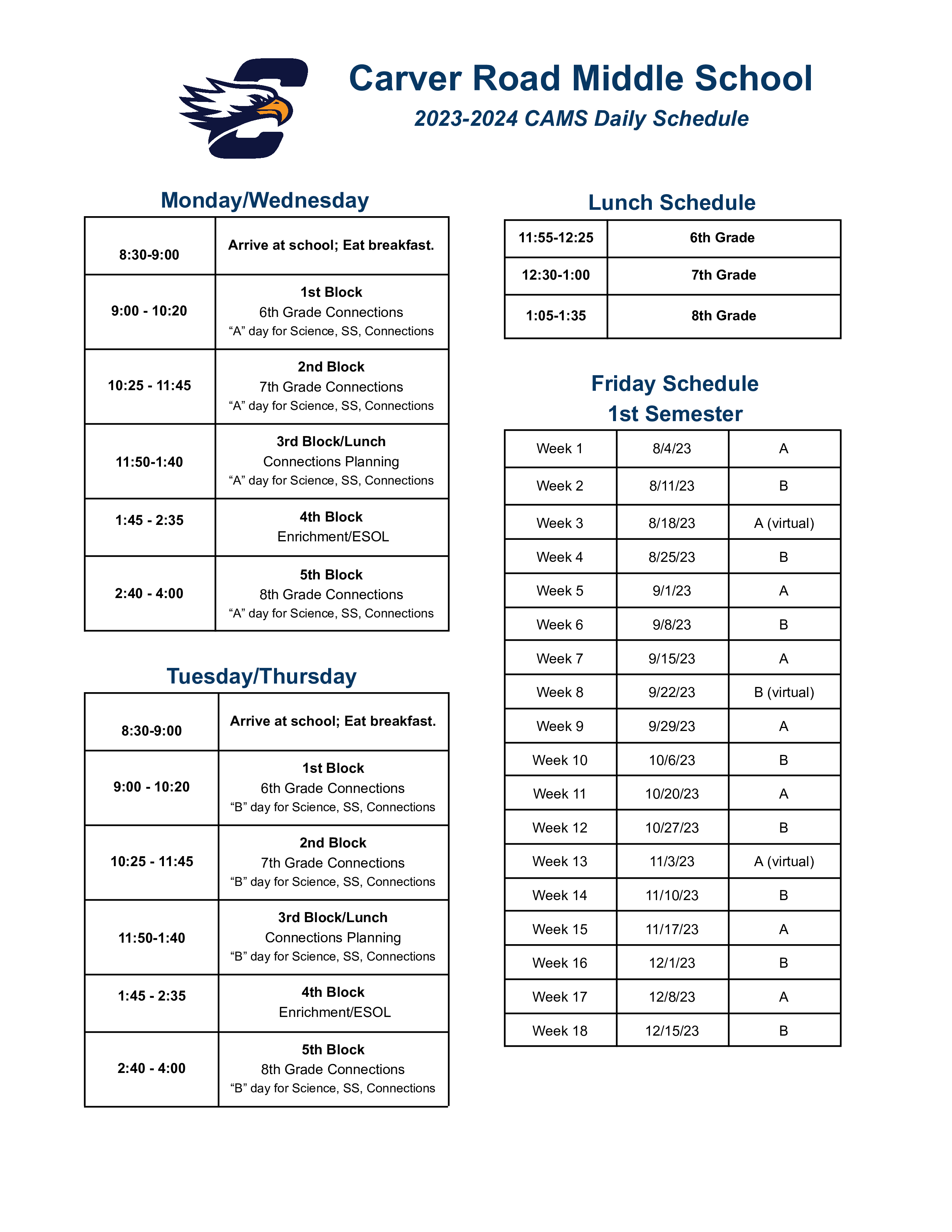 Bell Schedule Carver Road Middle School