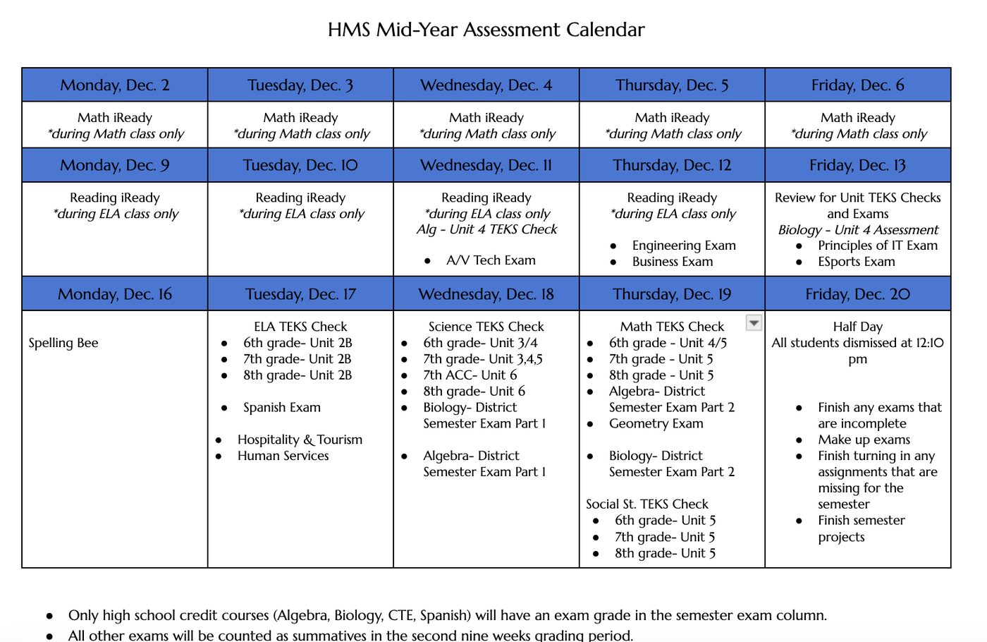 Semester Exam Schedule | Heritage Middle School