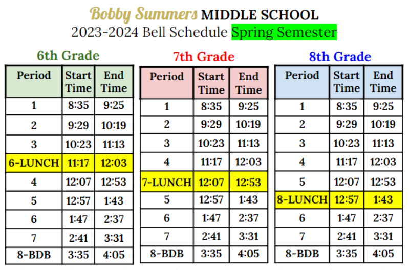Hours of Operation & Bell Schedule | Bobby Summers Middle School