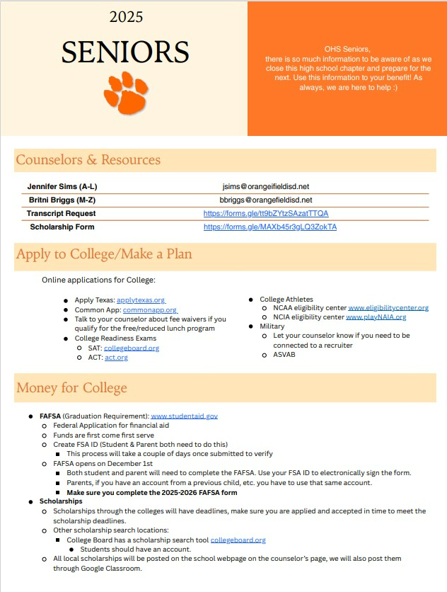 Counselors' Corner | Orangefield High School