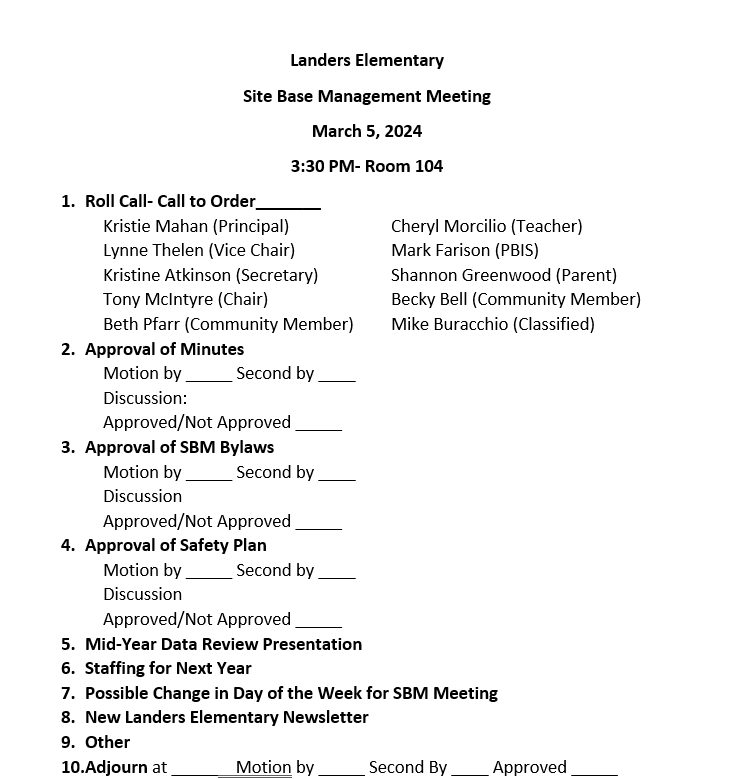 SITE BASED AGENDA | Landers Elementary School
