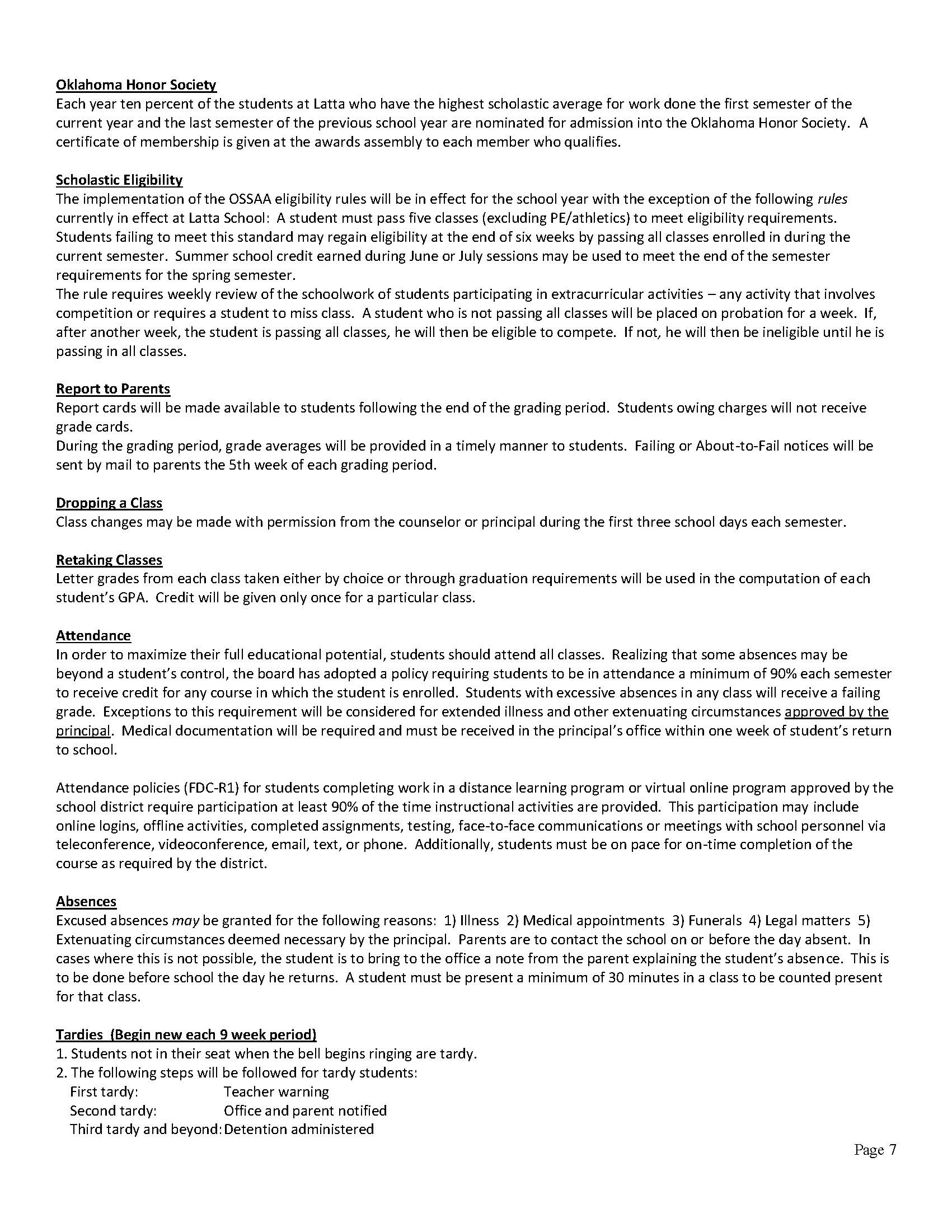 Middle &High School Student Handbook | Latta Public School