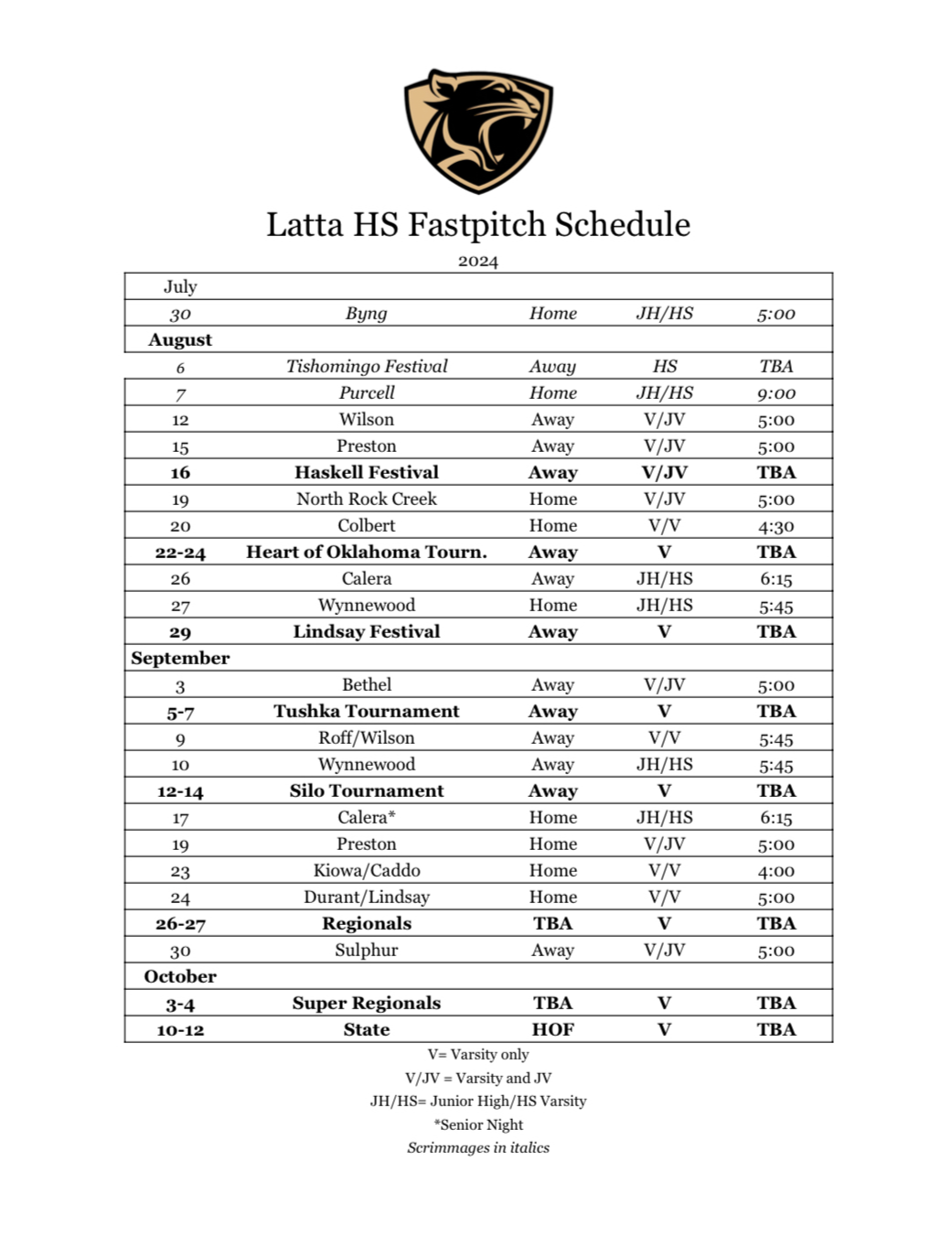 HS Softball Schedule | Latta Public School