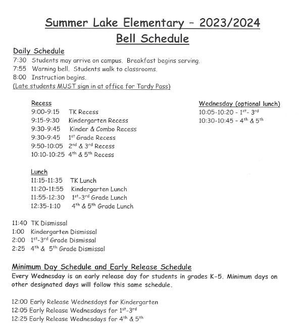 Site Schedule | SUMMER LAKE