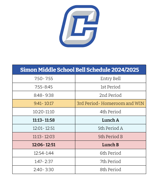 Daily Schedule | RAYMOND AND PHYLLIS SIMON MIDDLE SCHOOL