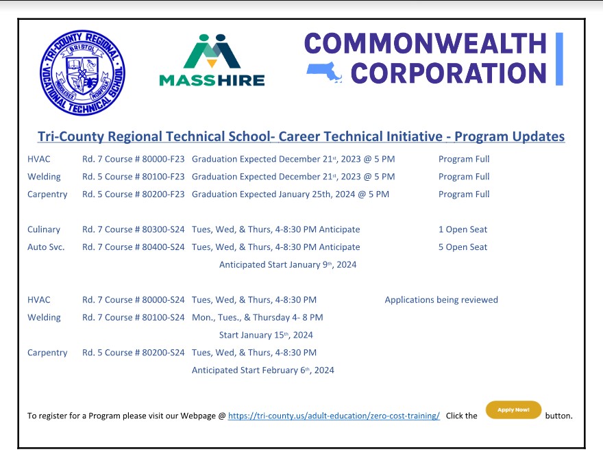 Zero Cost Training | Tri-County Regional Vocational Technical High School