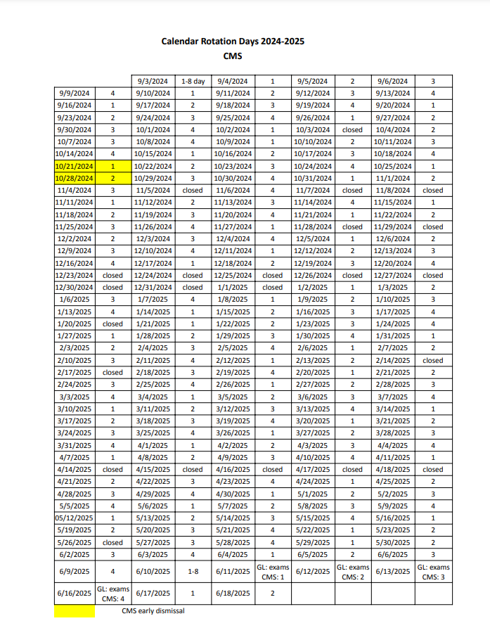 CMS Rotation Day Schedule | Columbia Middle School