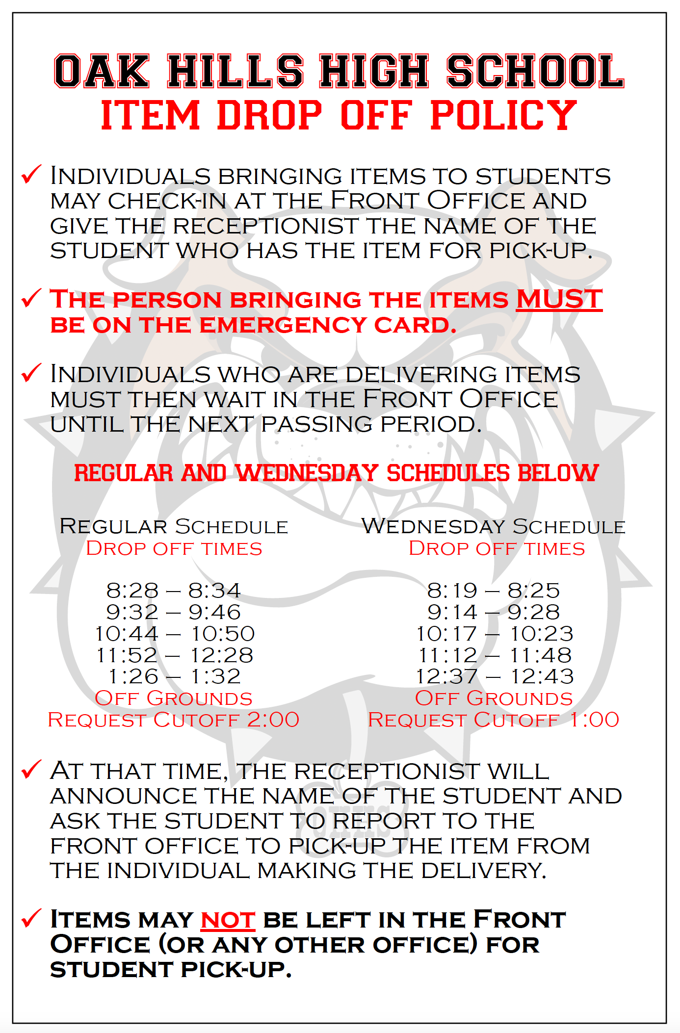 ITEM DROP OFF POLICY | Oak Hills High School