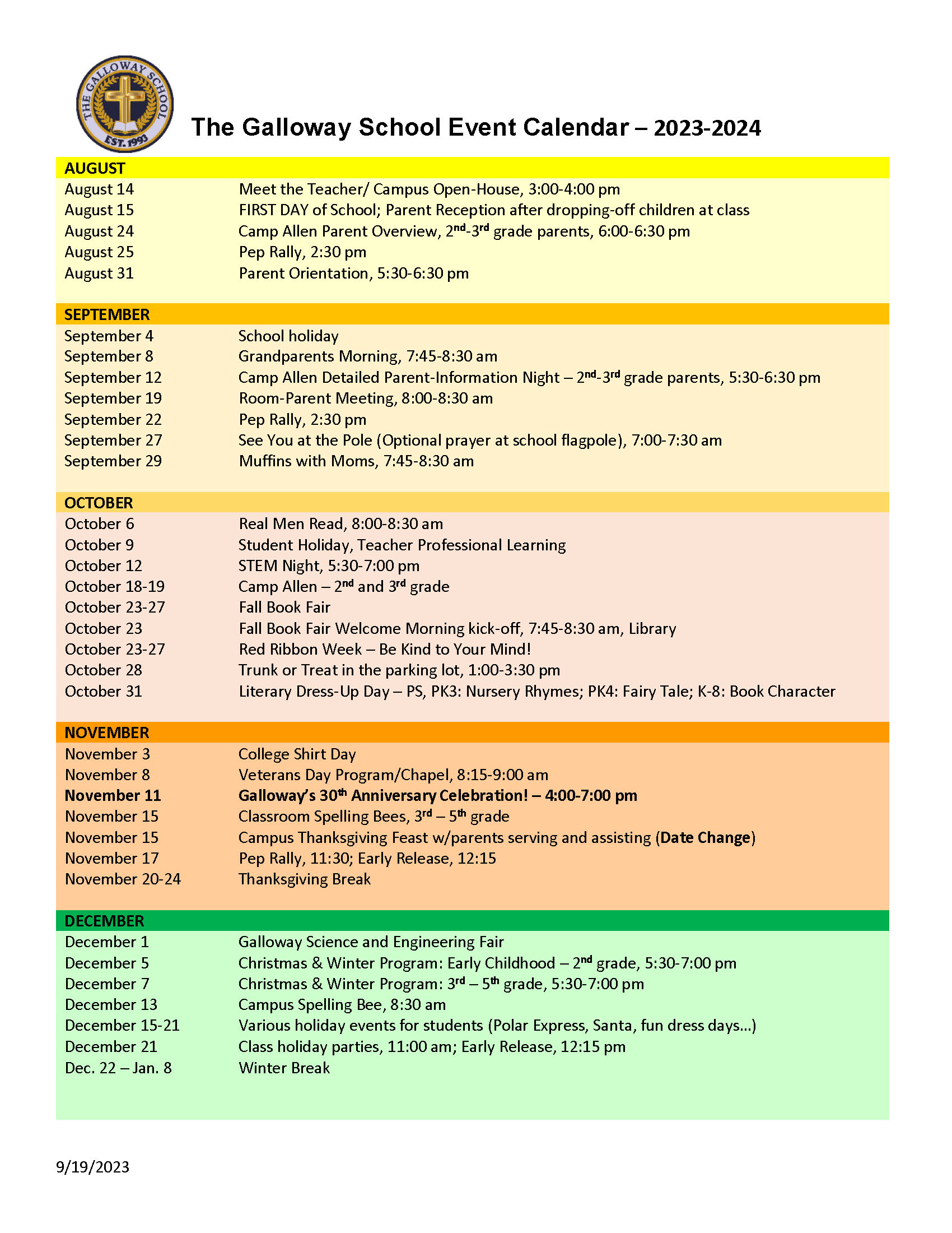 Calendars | The Galloway School