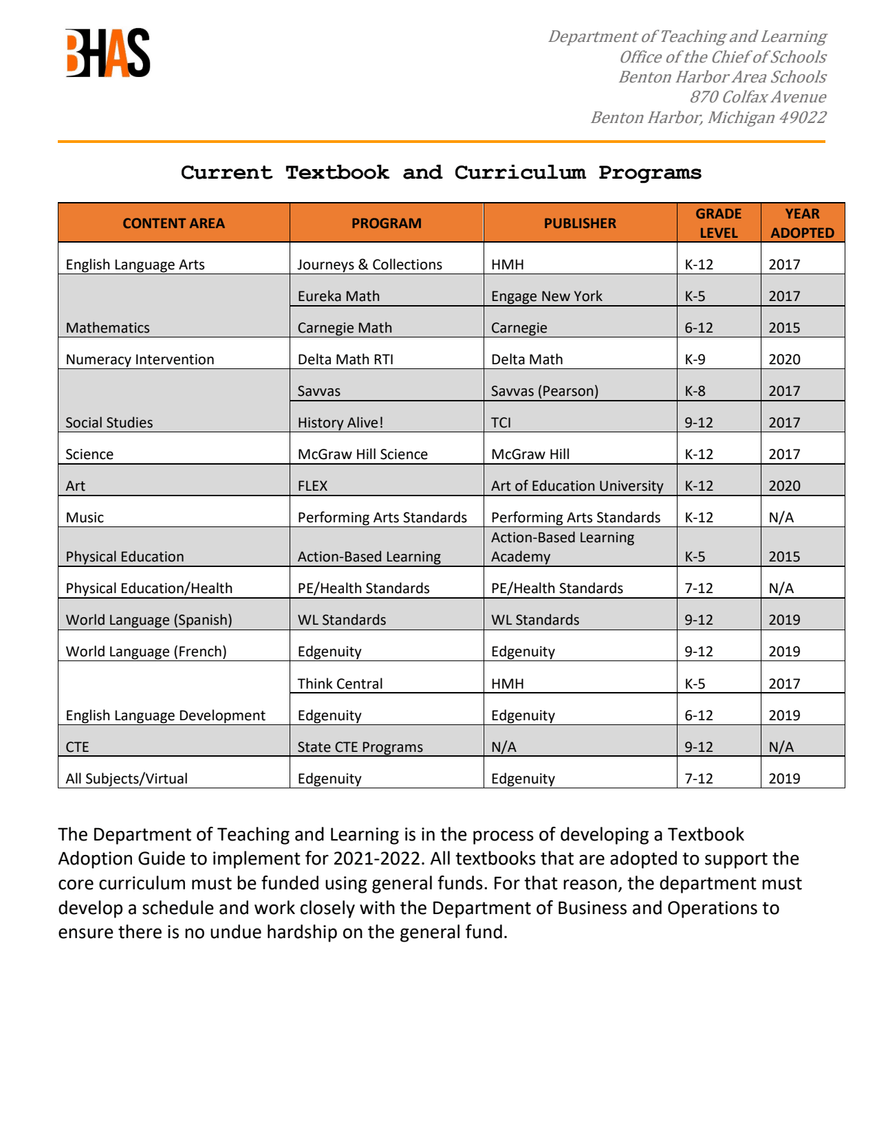 Teaching & Learning | Benton Harbor Area Schools