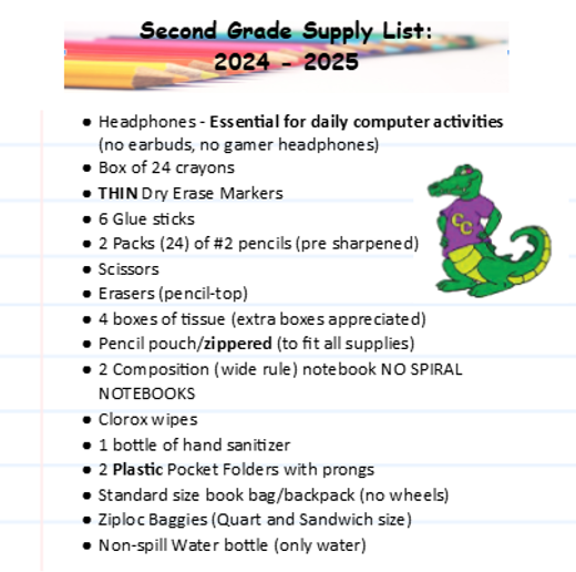 Second Grade Supplies | Caleb's Creek Elementary School